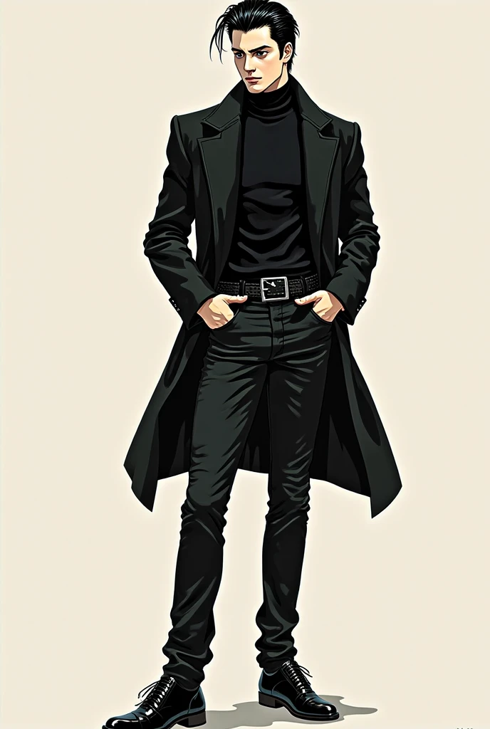 A 30 year old guy, slick back black hair and black eyes wesring a black ...