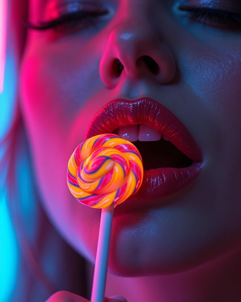 "Close-up of a sensual female mouth with glossy neon lipstick - SeaArt AI