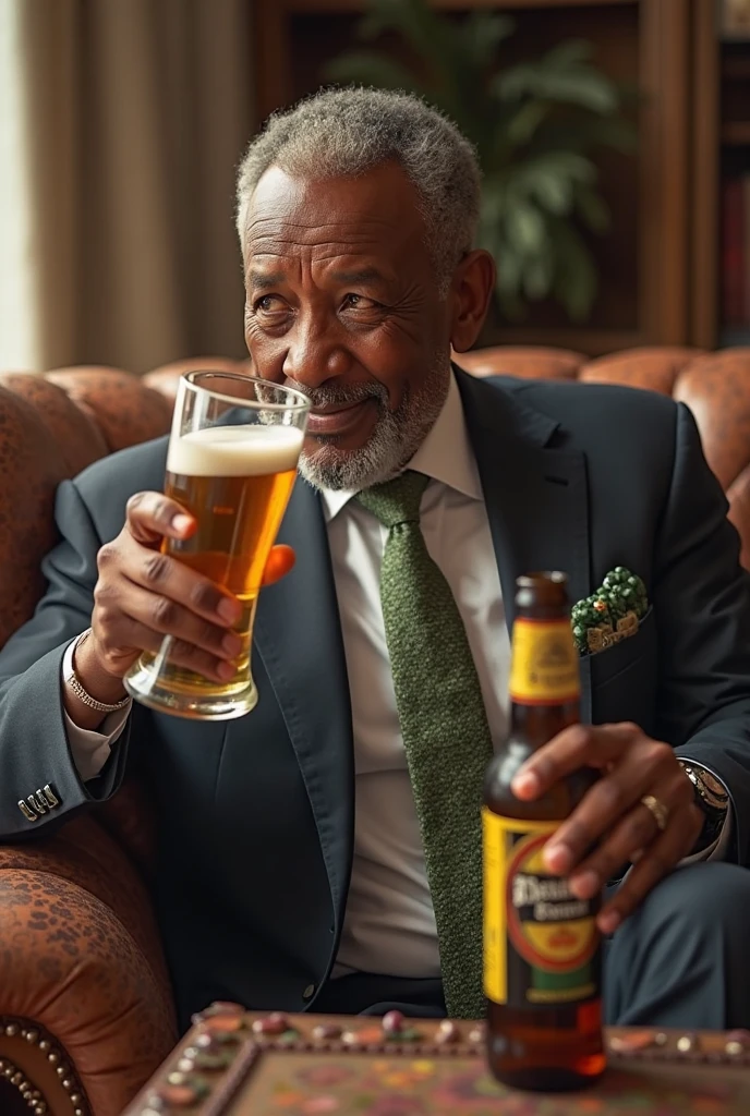 Paul biya (President of Cameroon) drinking beer (beaufort) - SeaArt AI
