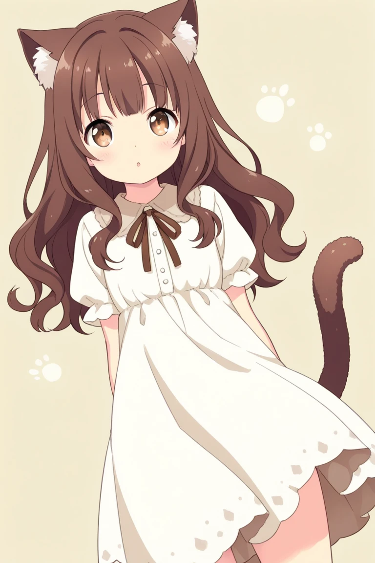 A cute anime-style girl with cat ears and a fluffy tail, long wavy ...