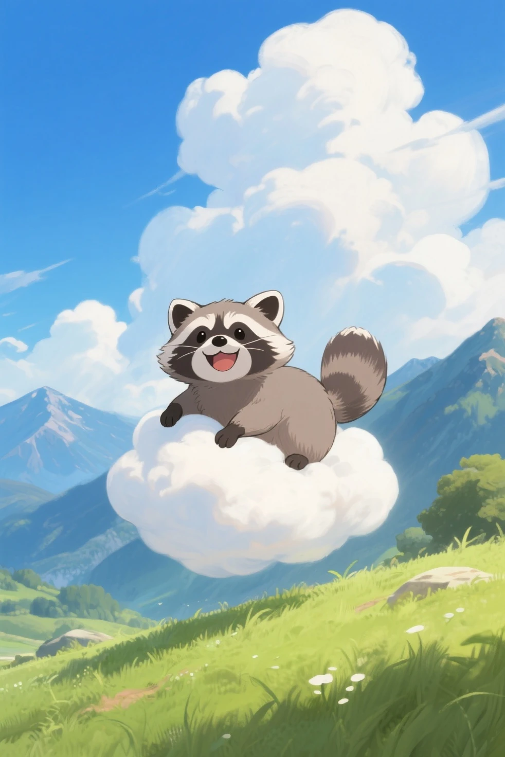 A cute 2D anime-style raccoon is smiling and riding on a cloud in a ...