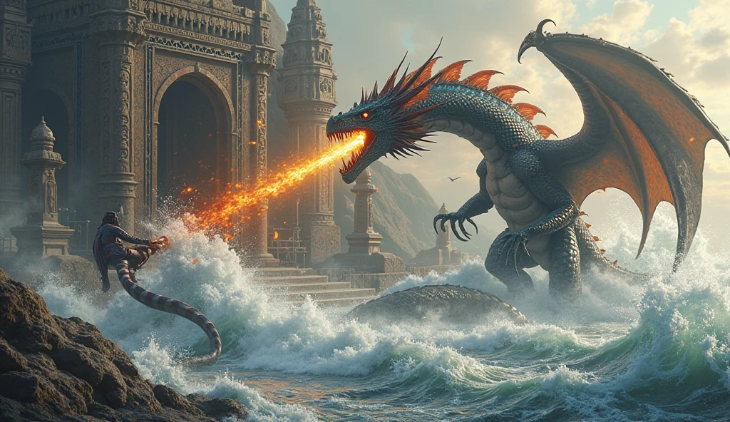 Dragon battling a sea serpent over an ancient temple. - SeaArt AI