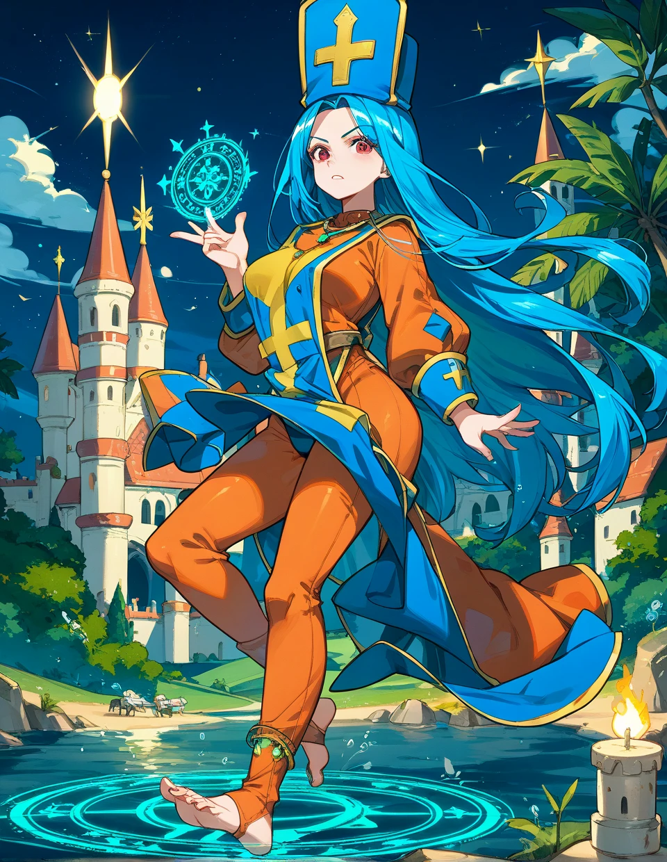 1 girl, Priest (dq3),blue hair,long hair,Red Eyes,Slim body shape ...