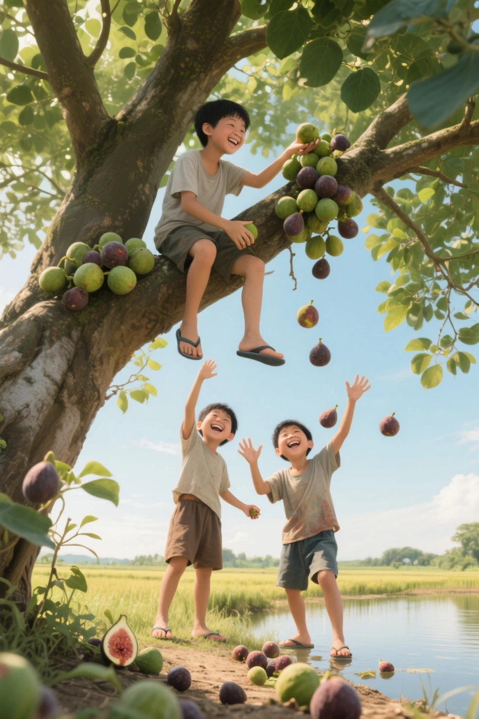 "Draw a 4D movie picture of the background: a big fig tree, leaning ...