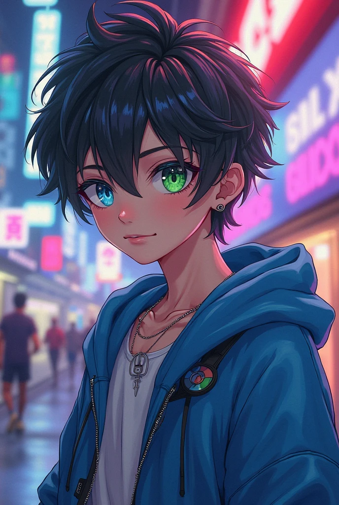 Make me a cool boy,mc anime style, with a green eye,The other blue ...