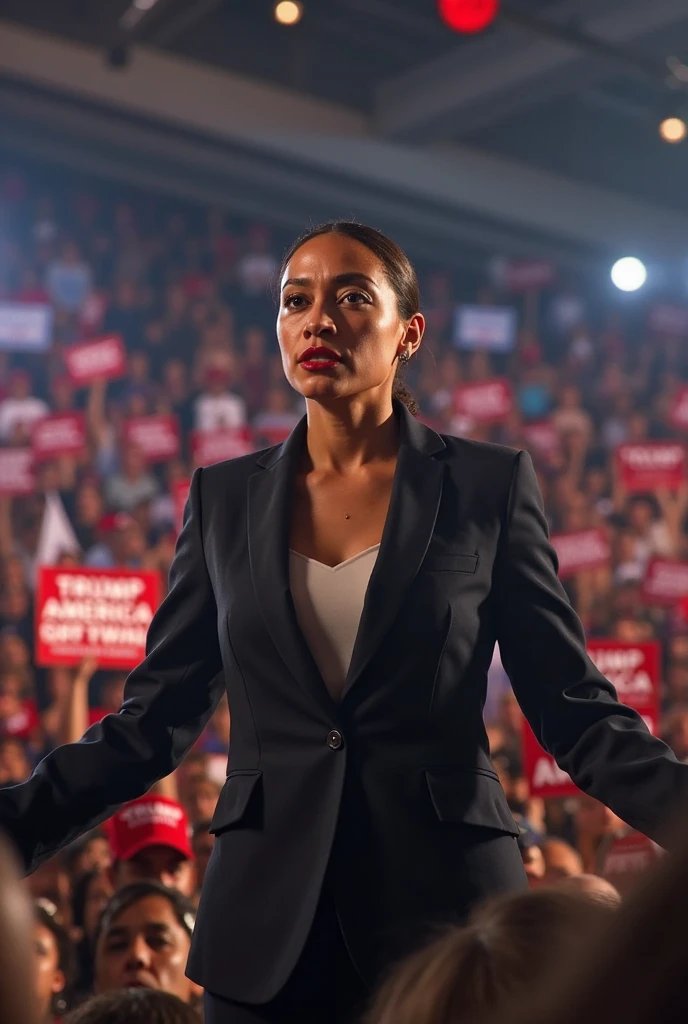 AOC speaking at a trump rally, big chest, TRUMP hat - SeaArt AI