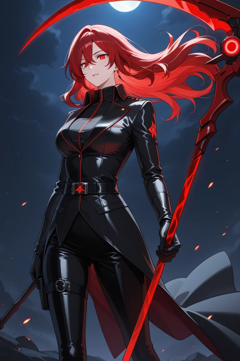 A red haired pretty woman, holding a red glowing scythe, anime style ...