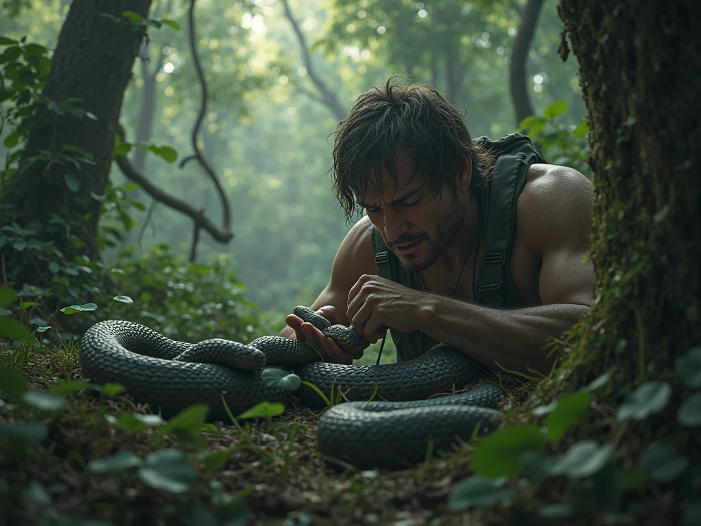 3D ultra high resolution forest scene with snake, panicked person ...