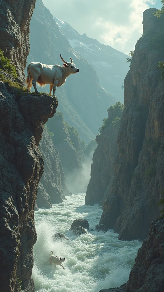 The small white calf is falling down on a river from a cliff - SeaArt AI