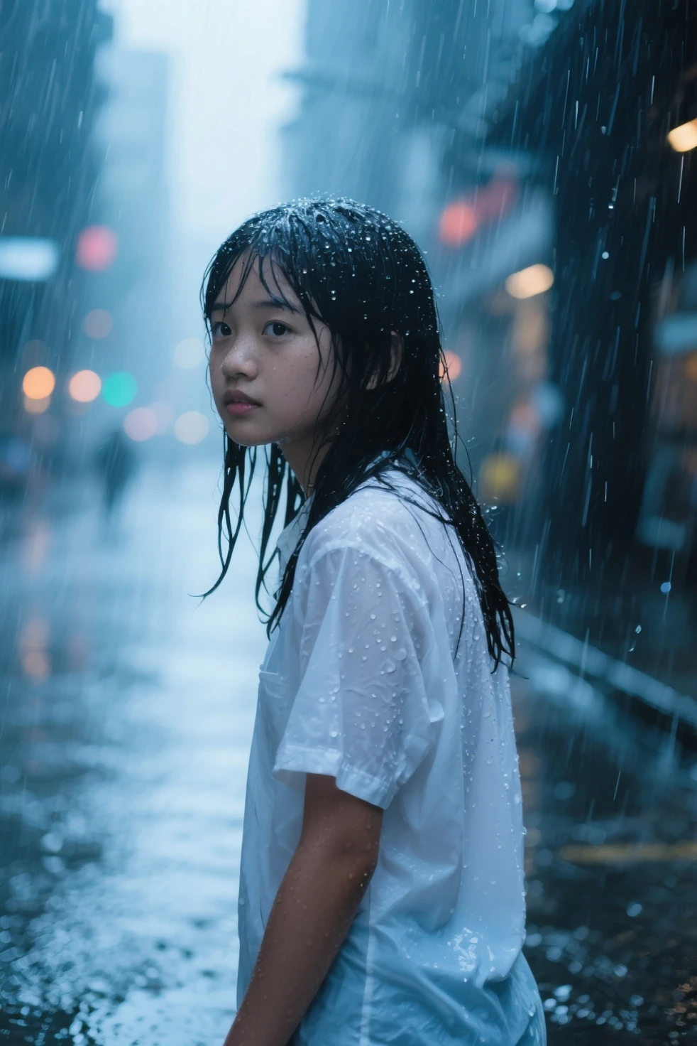 Girl waring white shirl wet in the rain - SeaArt AI