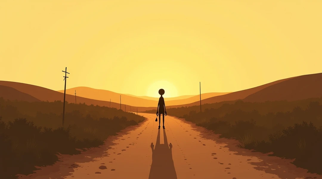 Stick figure boy standing alone on dirt road, sunset casting long ...