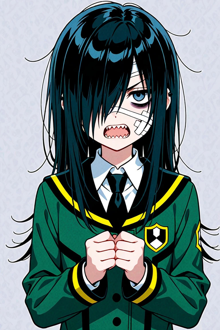 Emo , hair covering one eye, bags under eyes, angry, sharp teeth ...