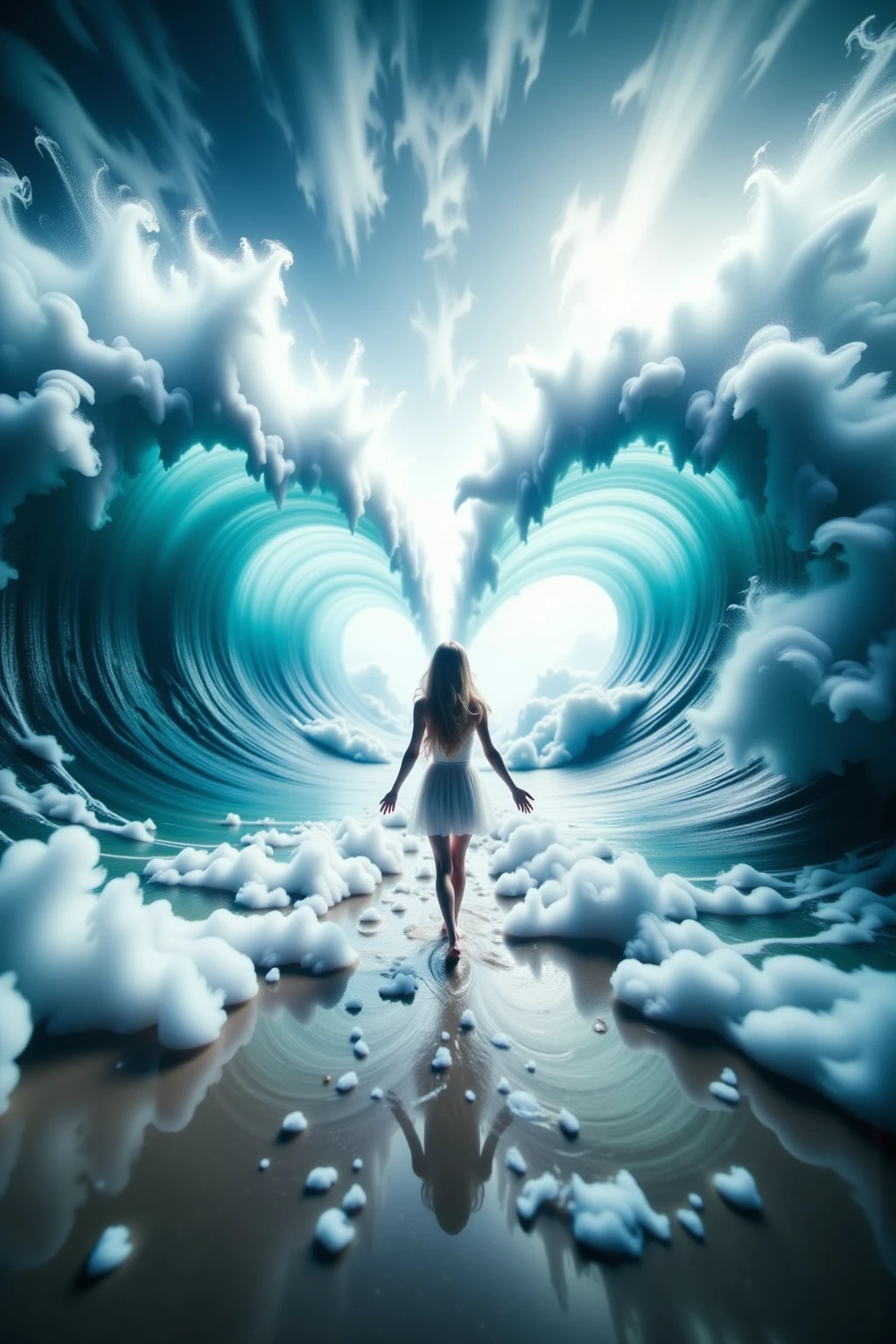 Waves split on both sides due to a huge wave, A woman walking proudly ...