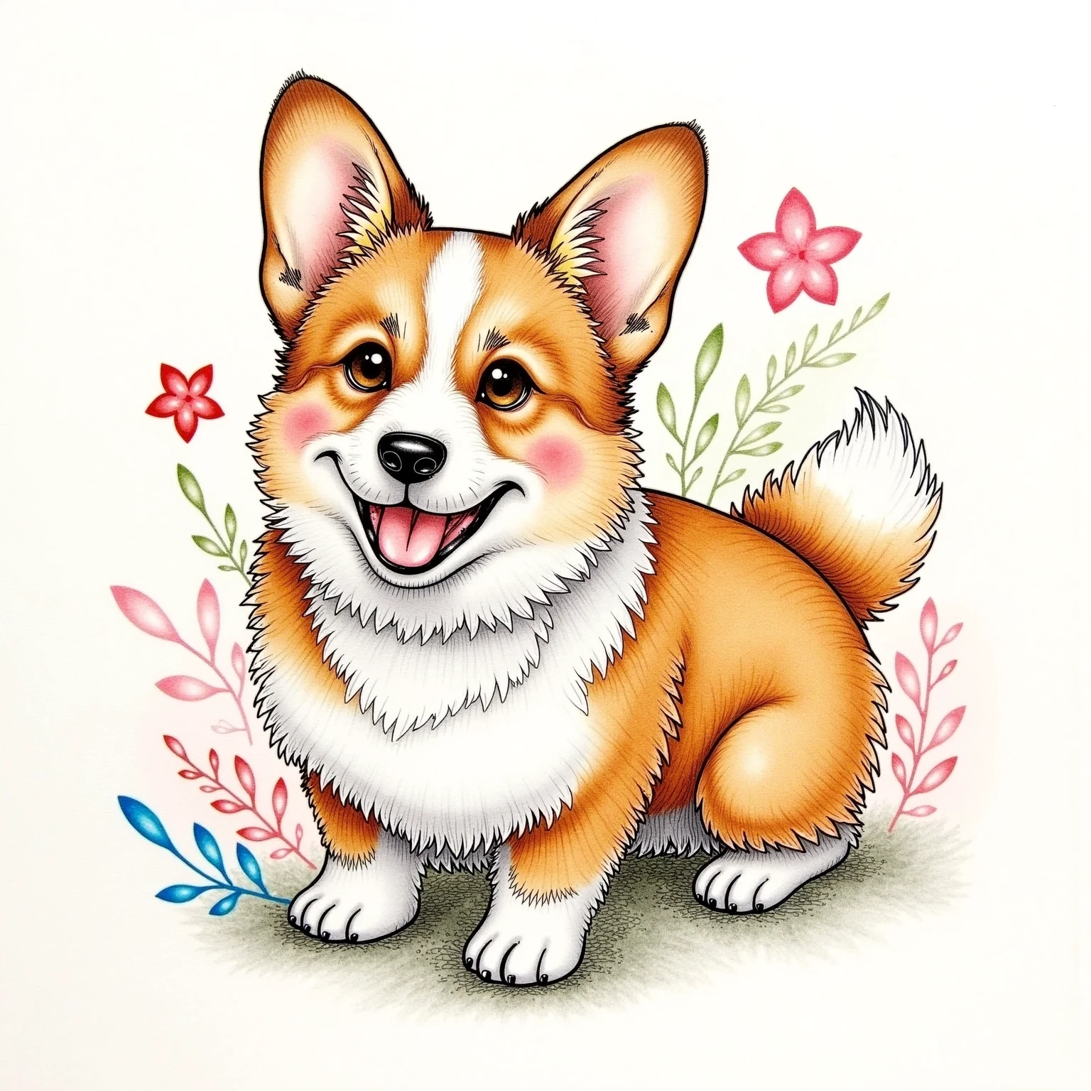 Cute corgi illustration、sepia ink、colorful shadows、pop art drawn in ...