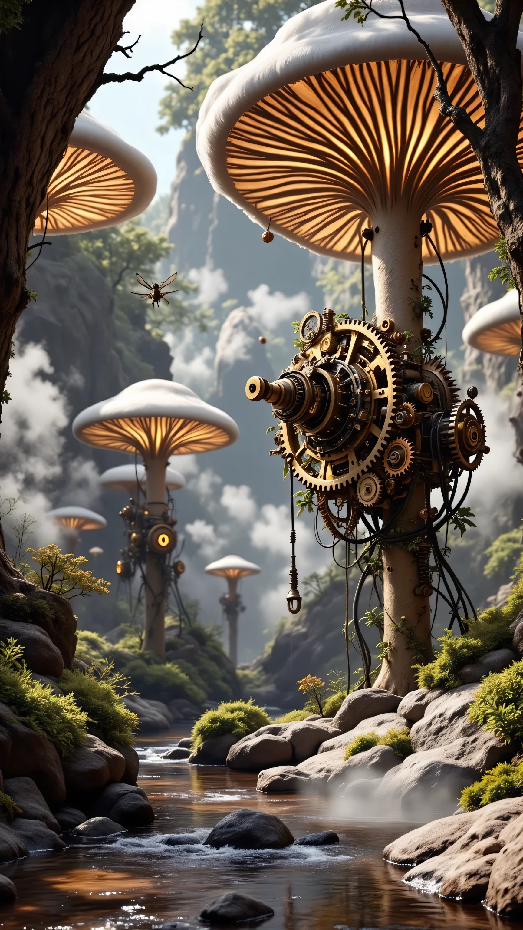 Steampunk mushroom forest between valley streams，Giant white bacteria ...
