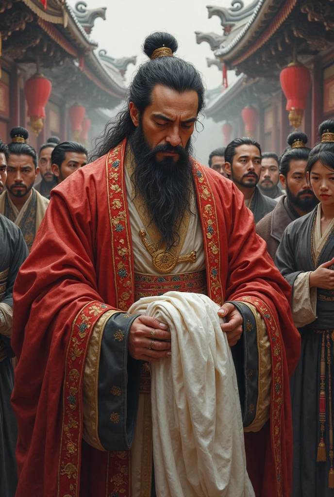 Realistic image of a wealthy rich father holding a white red colored ...
