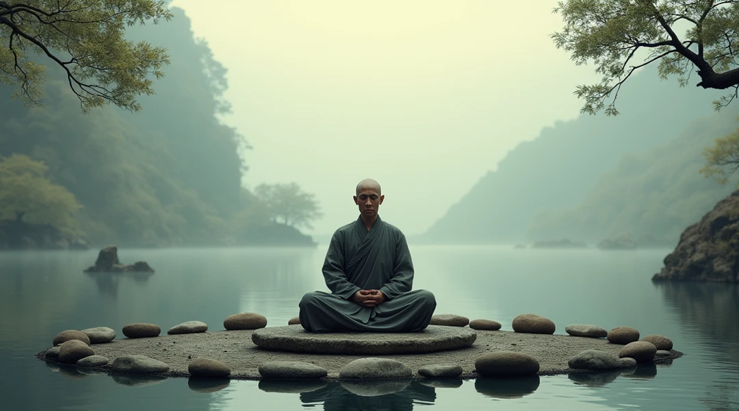 The monk sitting silently, surrounded by a circle of stones, each ...