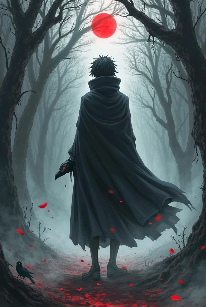 Dark and artistic book cover of Itachi Uchiha. Itachi stands on his ...