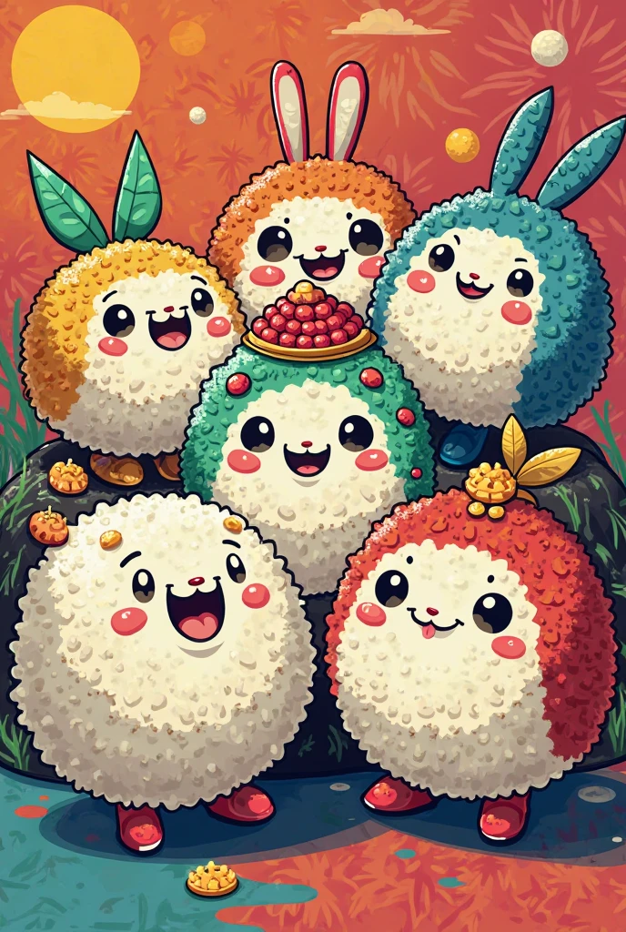 Rice balls Personalization 7 people characters pop art drawn in - SeaArt AI