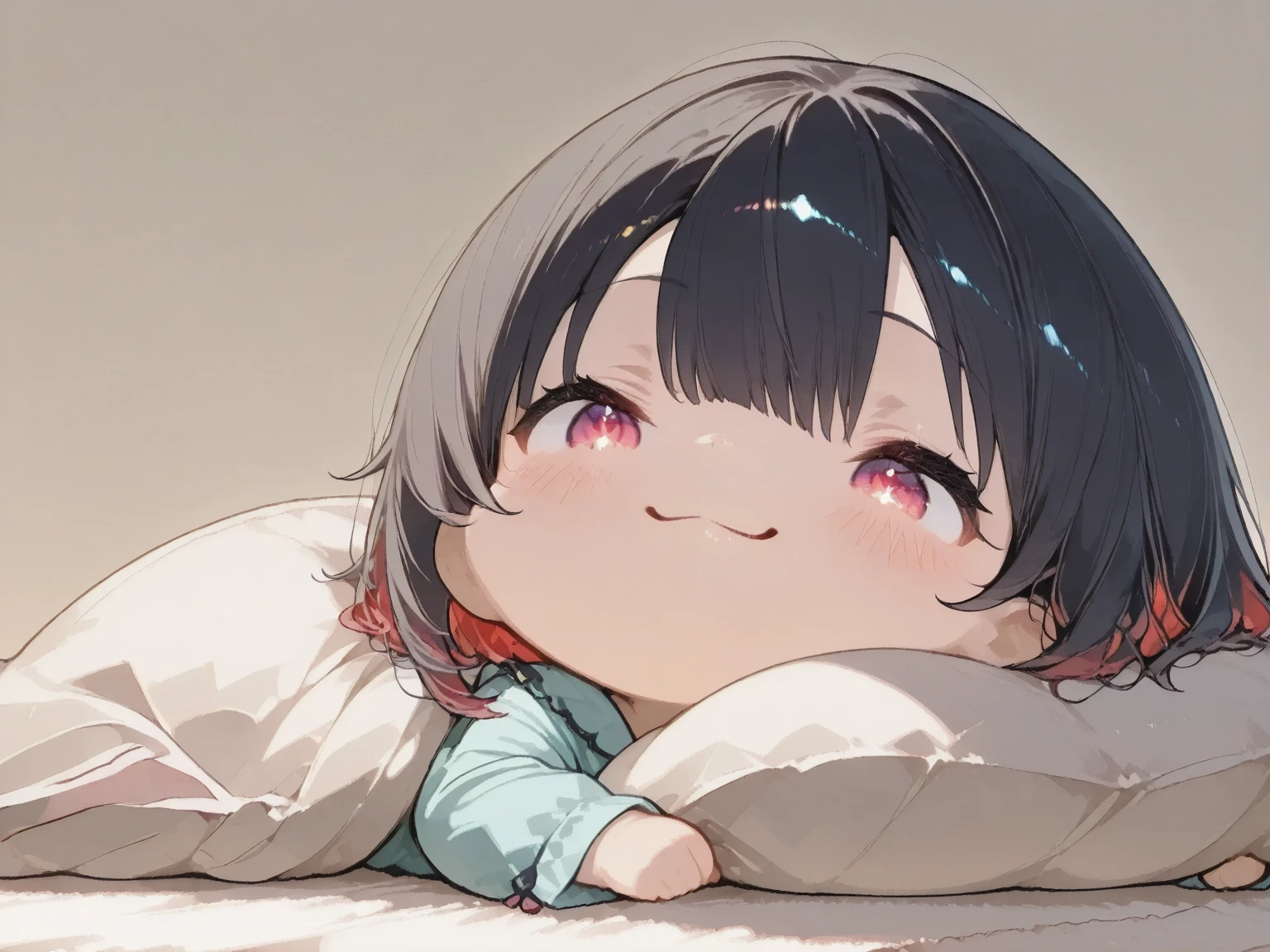 Chibi, 1girl, mischievous smile, smug expression, lying, on stomach ...