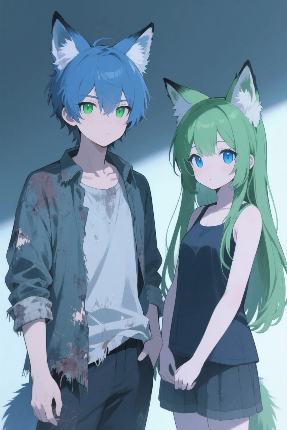 Boy, , fox ears, blue hair, green eyes, shabby clothes, next to him ...