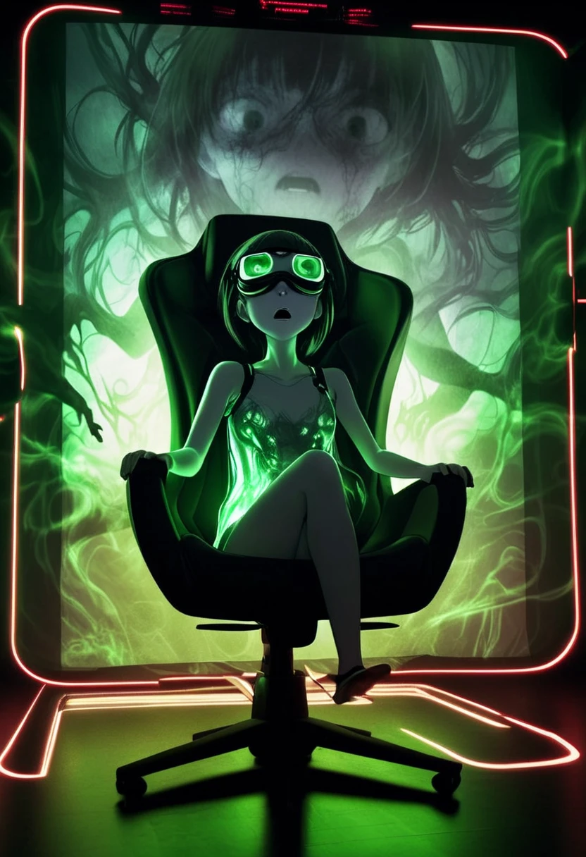 Film a dark futuristic sequence titled 'The Chair of Eternal Dreams - SeaArt AI