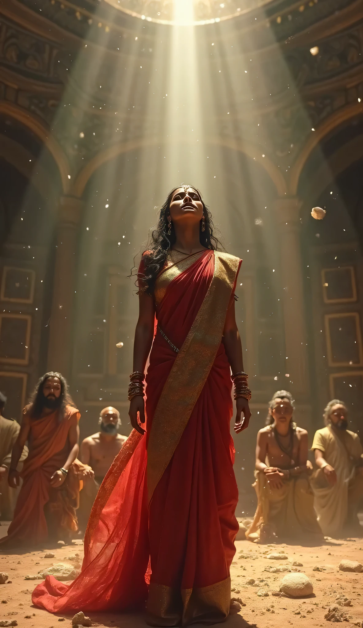 A highly emotional mythological scene inside a grand, shadowy royal ...