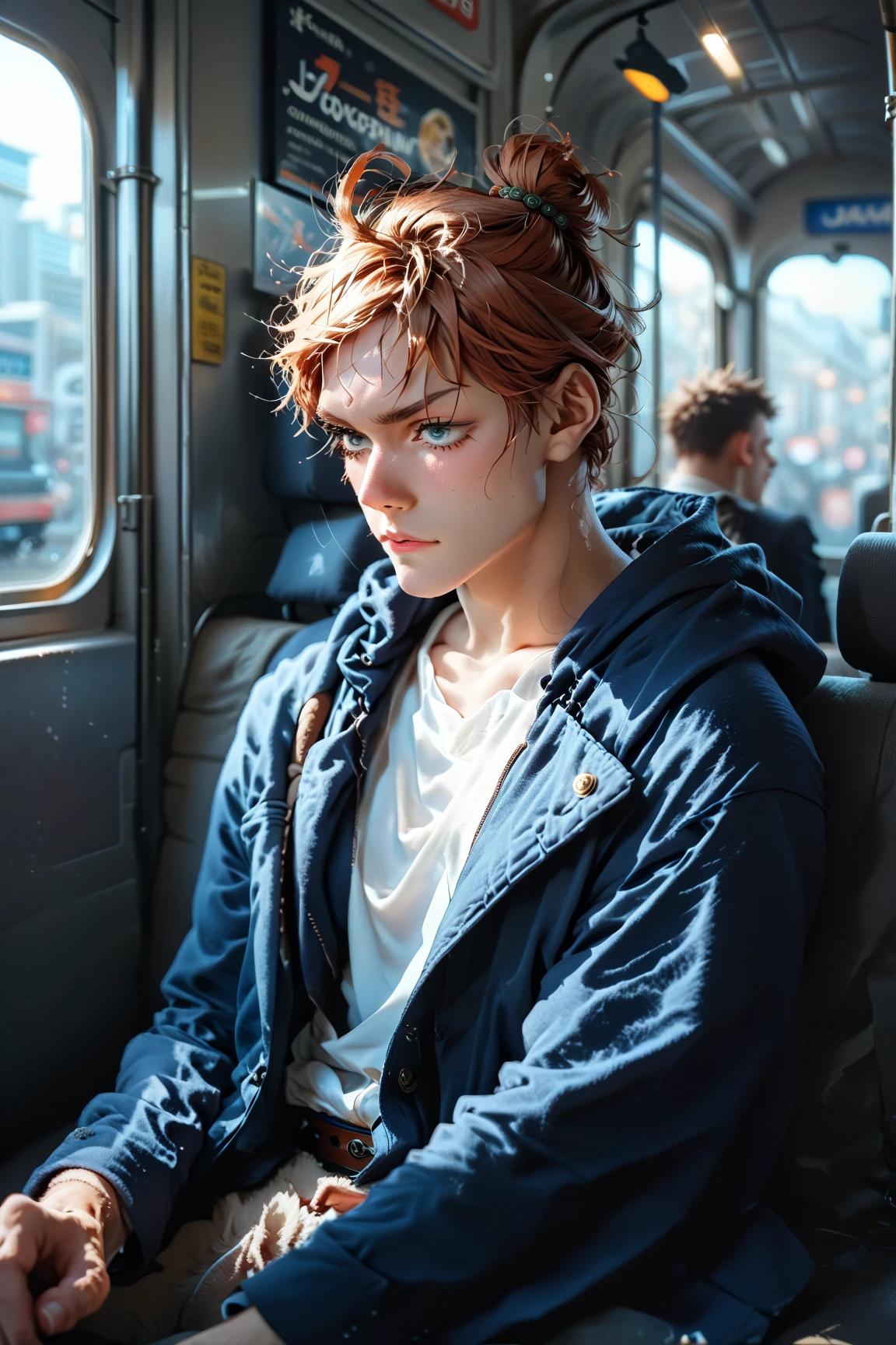 Yuji Itadori character Jujutsu Kaisen sitting in a subway car while ...