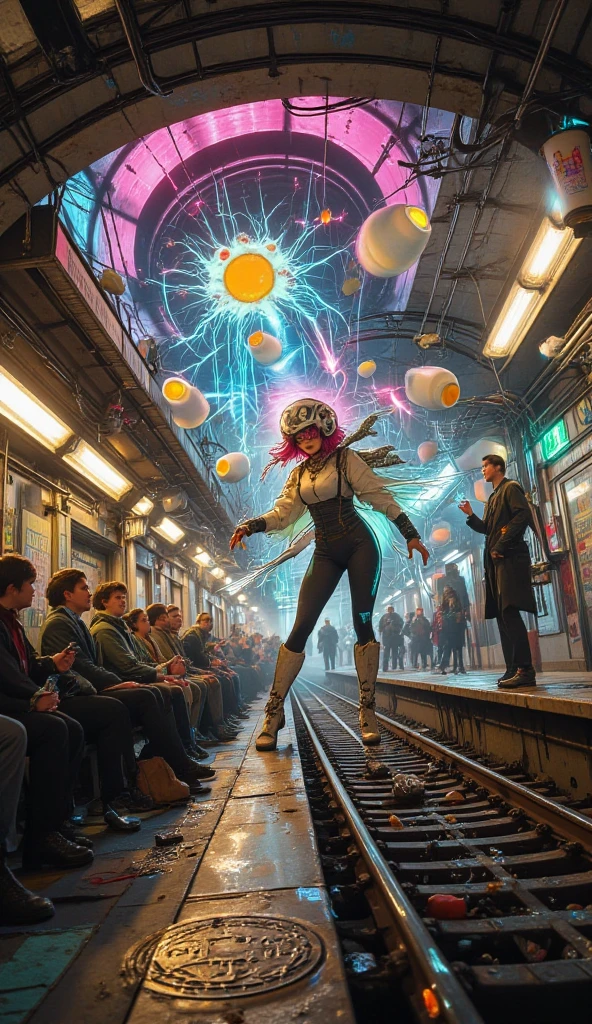 A hyper-detailed, cinematic scene blending photorealistic subway ...