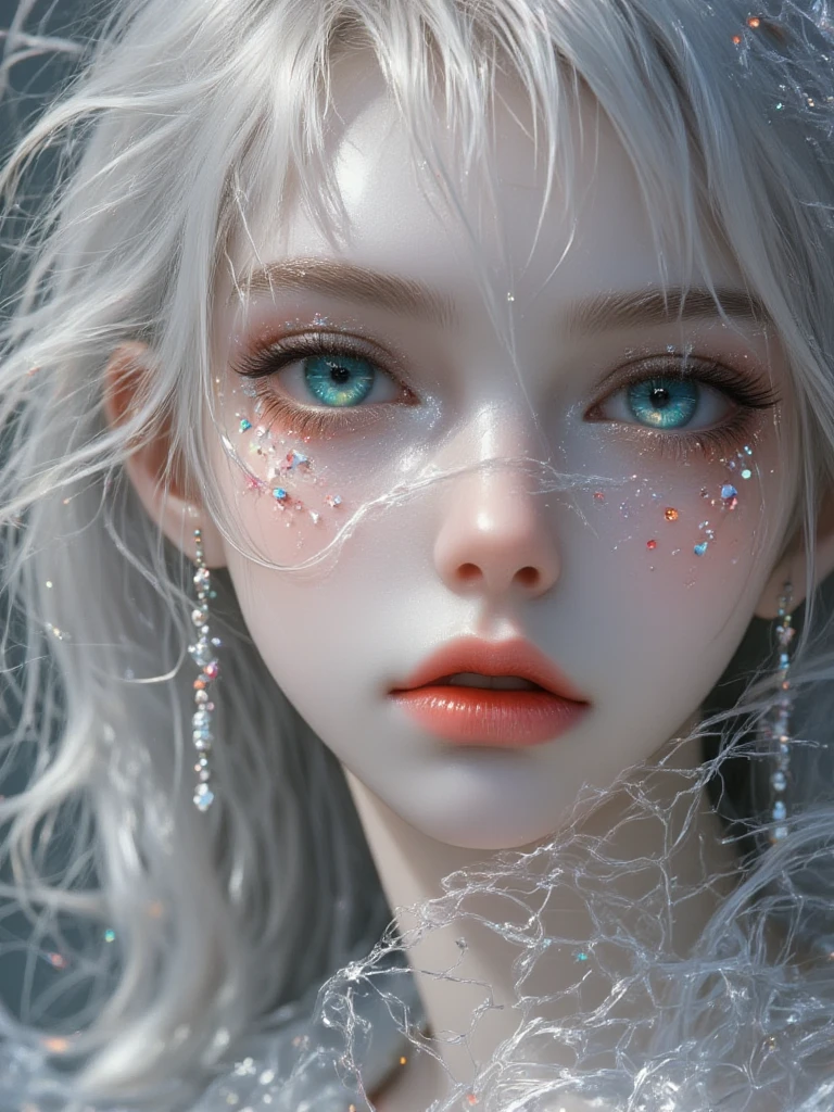 Girl wearing cobweb clothes, brunette, Gray hair ends, eyes with three ...