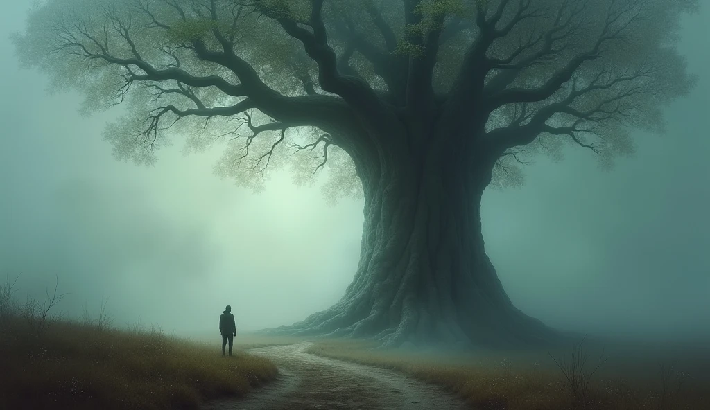 A giant, ancient tree growing upside down from a ceiling of mist - SeaArt AI