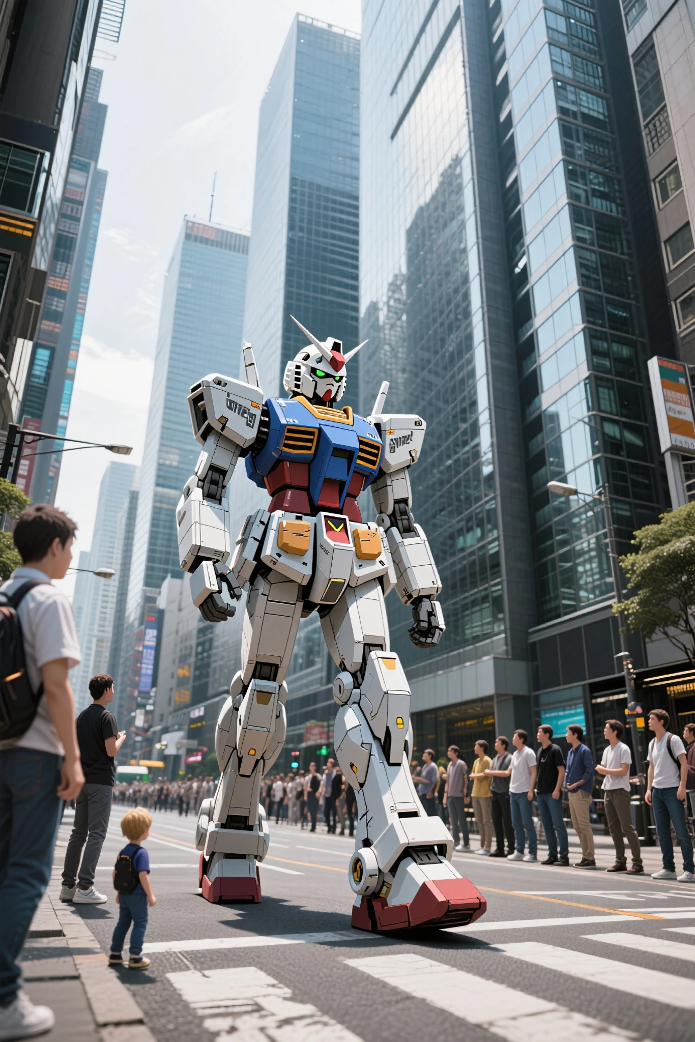 Real size anime gundam walking on the hyper realistic metropolitan city ...