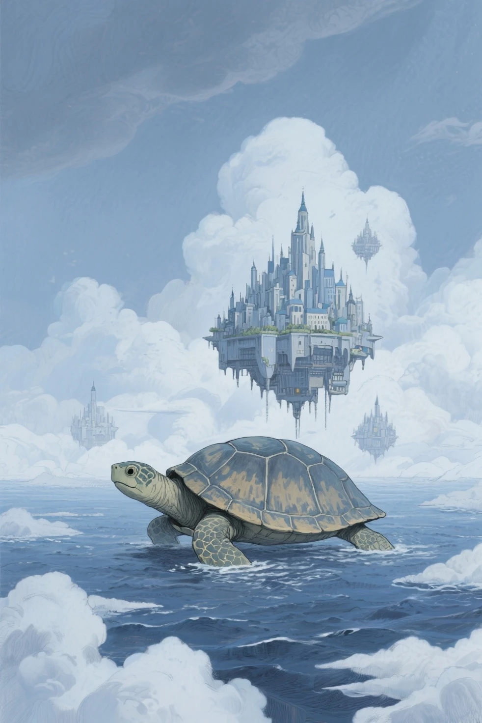 A city floating on the back of a giant turtle in the middle of a cloudy ...
