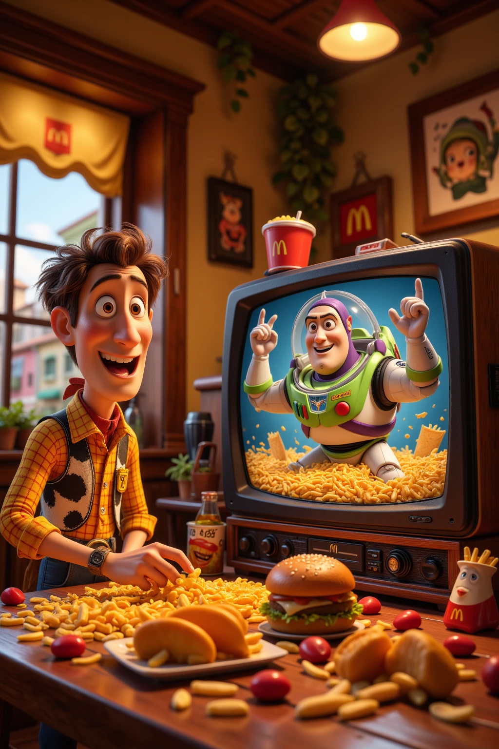 From side,dramatic angle,Woody and Buzz Lightyear leaned out of the TV ...