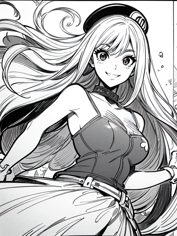 Cartoon illustration of a woman with long hair and a hat, black and white Manga - SeaArt AI