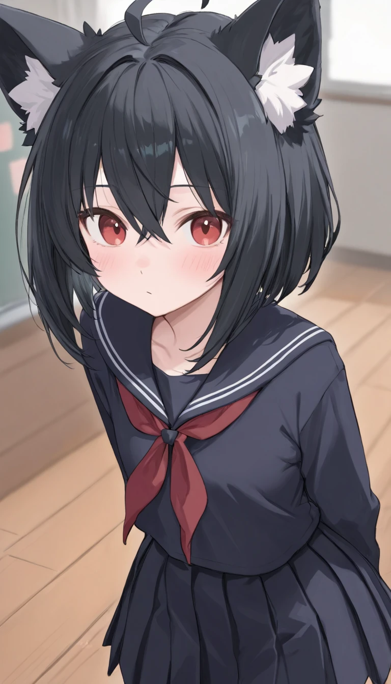 Anime character, ahoge, fox ears, black hair, school outfit, あどけない ...