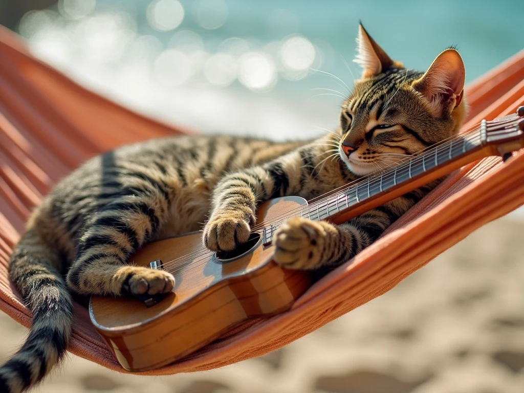 The Tabby cat is lying back on the hammock, its body curved gently to ...