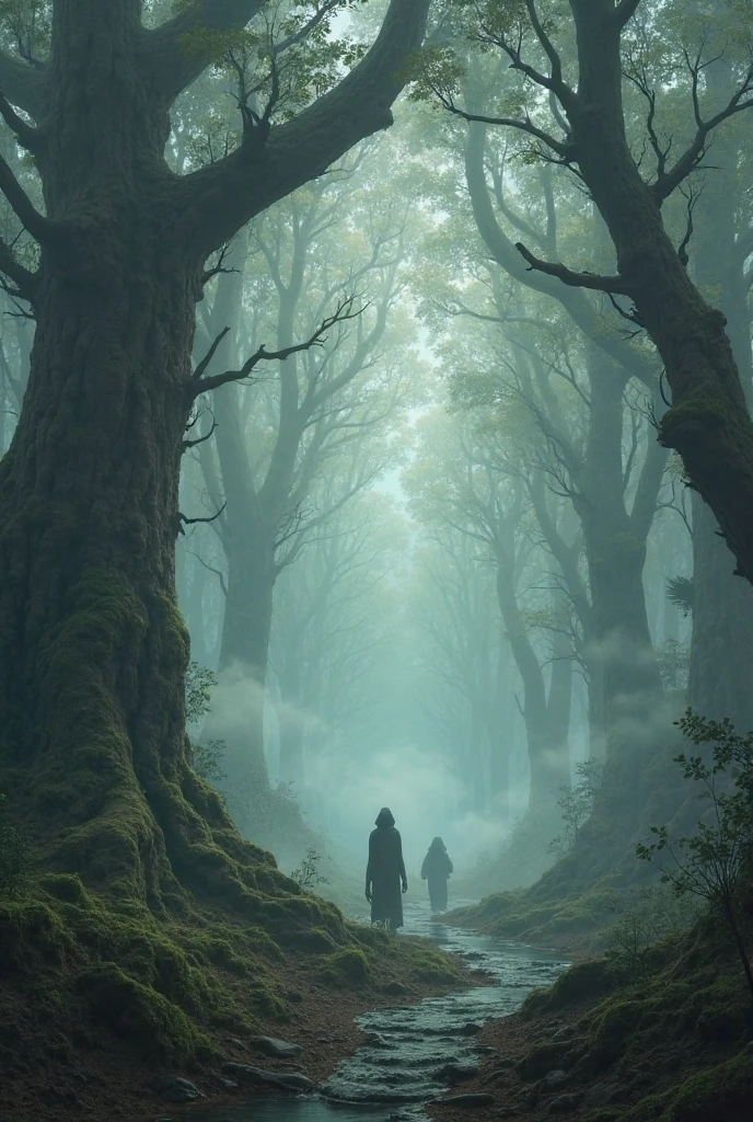 Draw a misty forest scene of Pori Tupu, with giant ancient trees ...