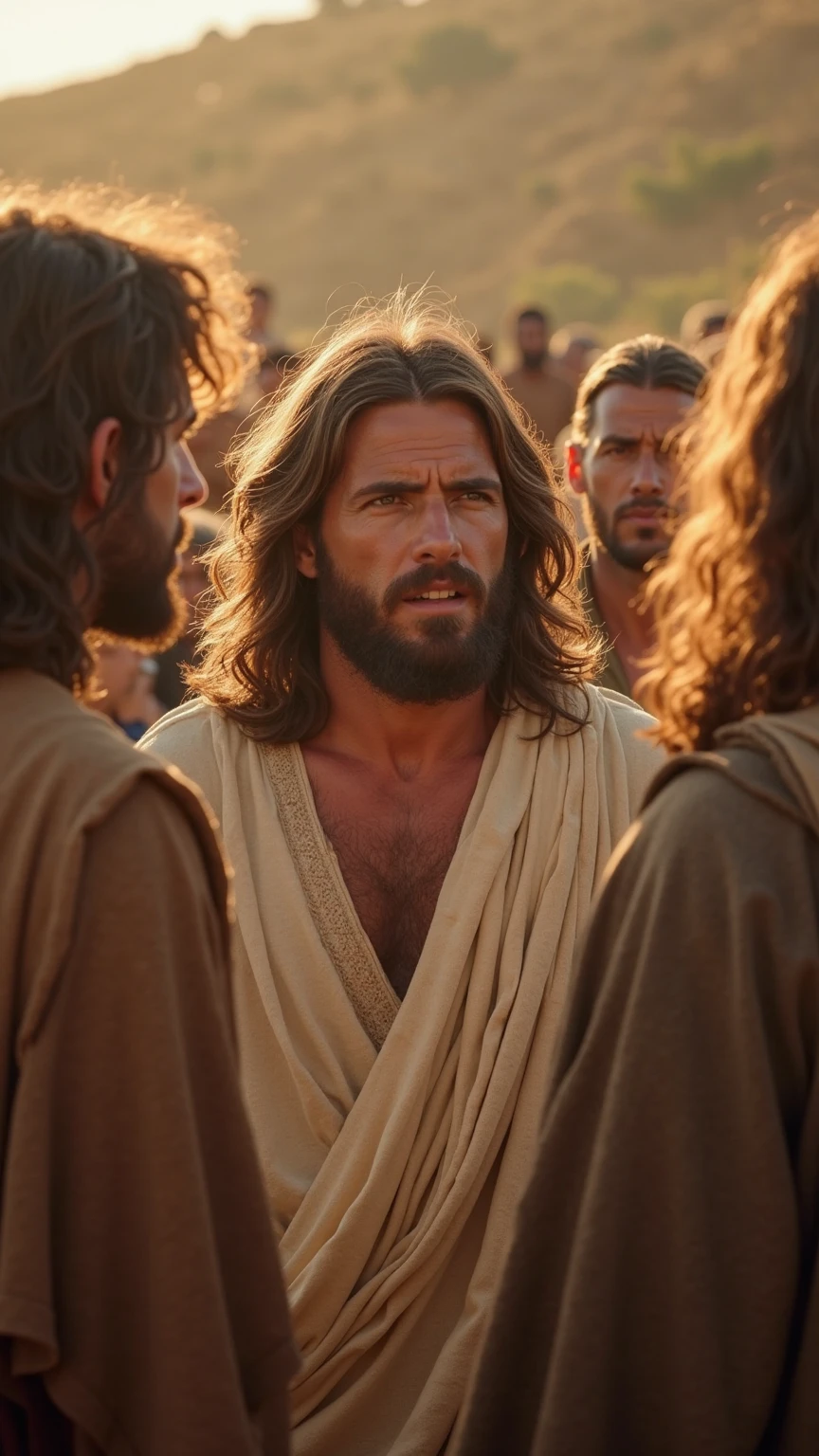 A cinematic, ultra-realistic scene of Jesus standing calmly among His ...