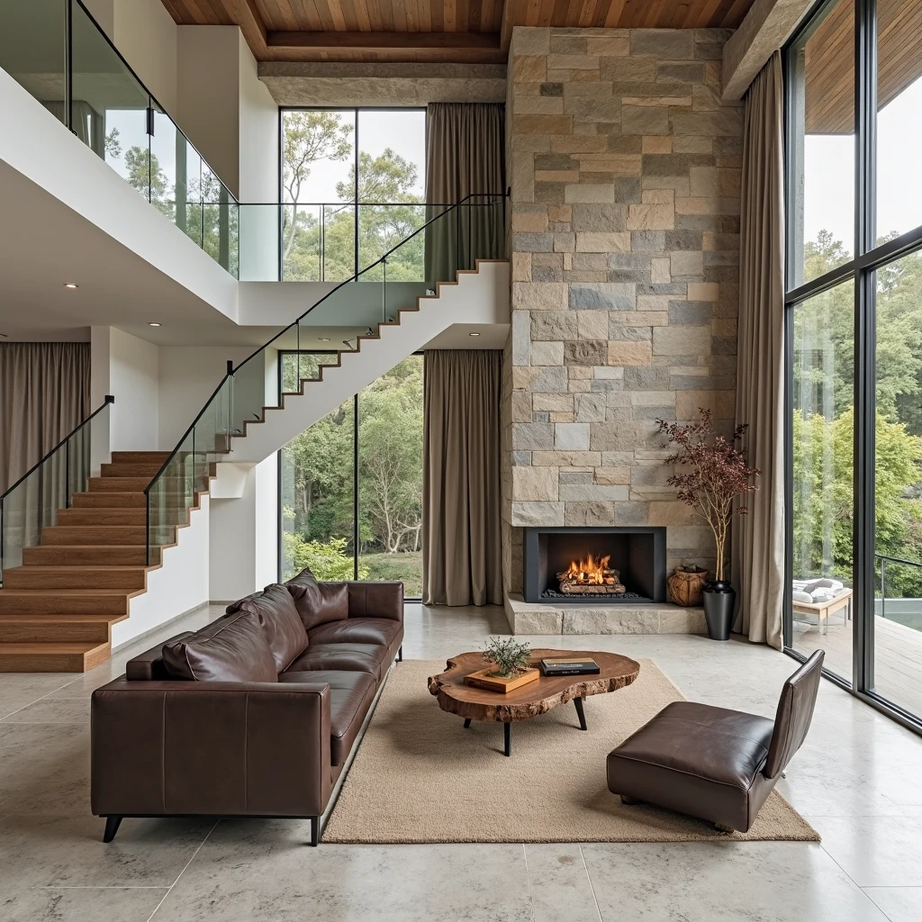 Modern house interior photo, sala, white walls and granite floors ...