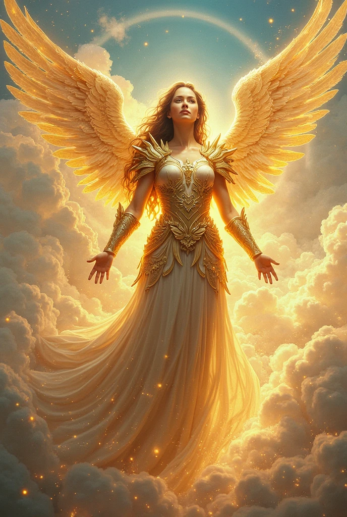 AN ANGEL IN GOLD ARMOR VIEWED FROM THE BLUE SKY - SeaArt AI