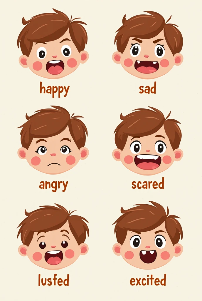 Cartoon faces (happy, sad, angry, scared, excited) in a 2x3 grid make ...