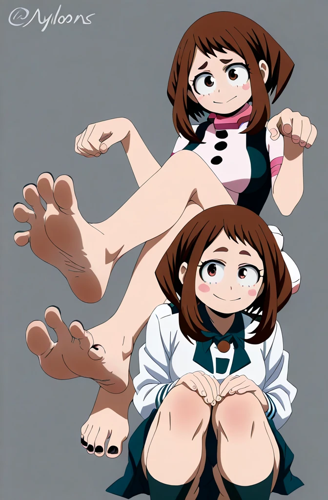 Ochako uraraka ，sitting, Viewing the user，Soles， cheerful expression masterpiece - SeaArt AI