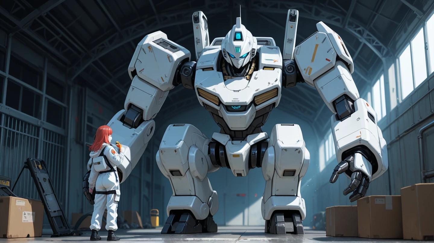 Beautiful girl repairing a broken giant robot、White jumpsuit - SeaArt AI