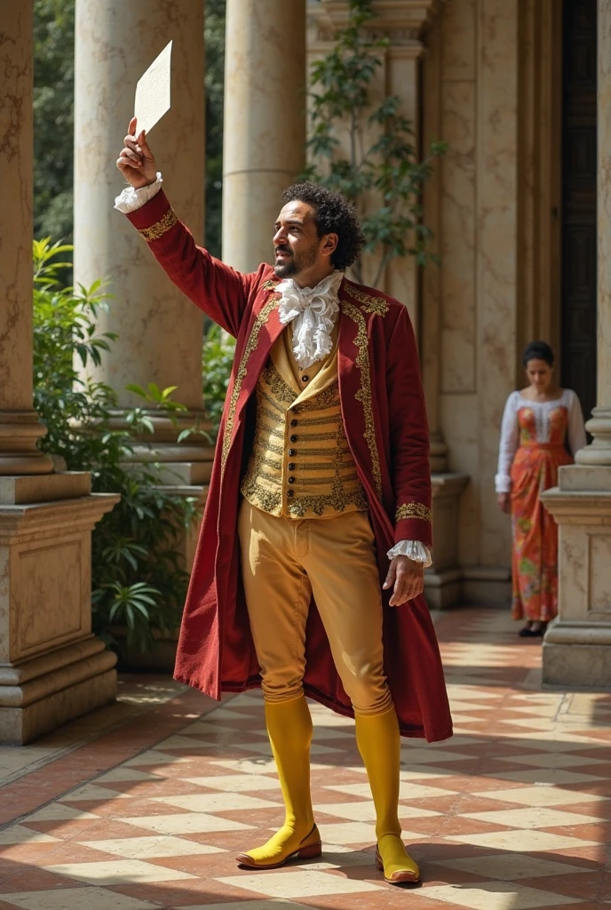 "In an opulent garden of the royal palace, Malvolio, ridiculously ...