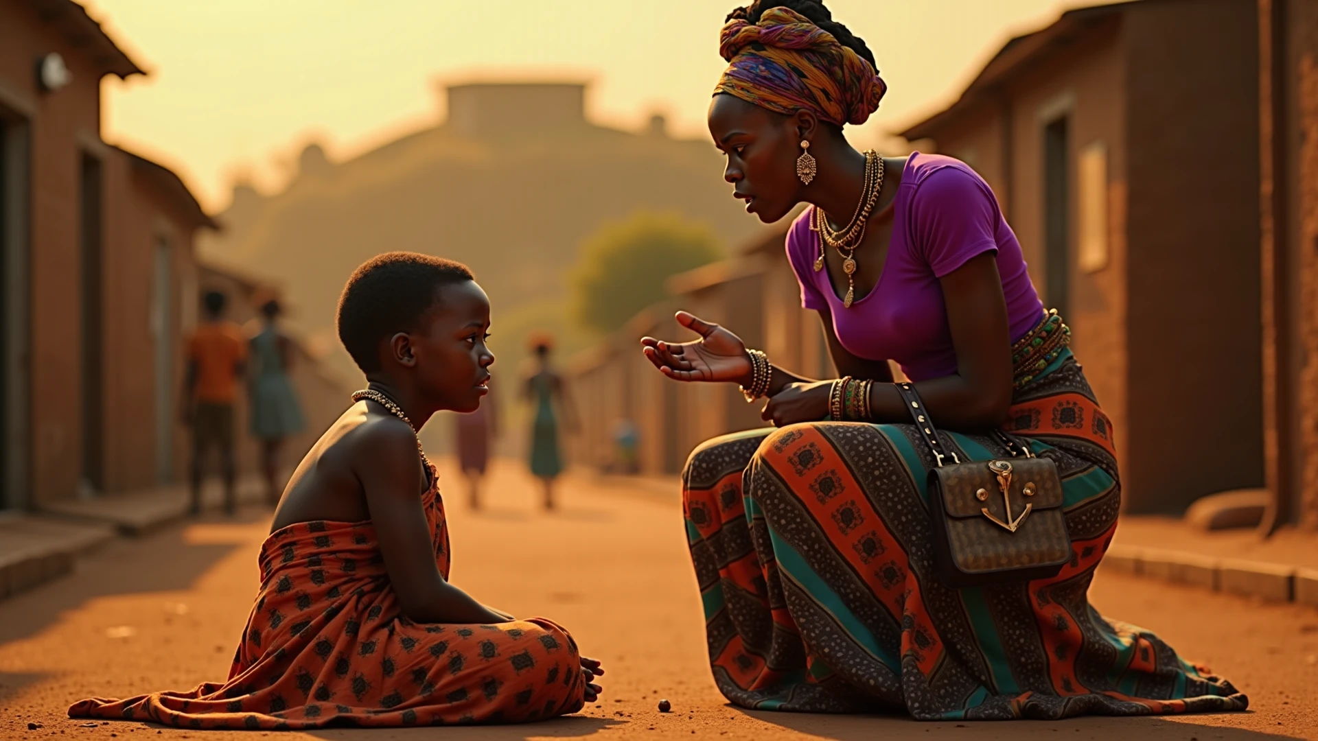 A dramatic cinematic scene set in an African village street during ...
