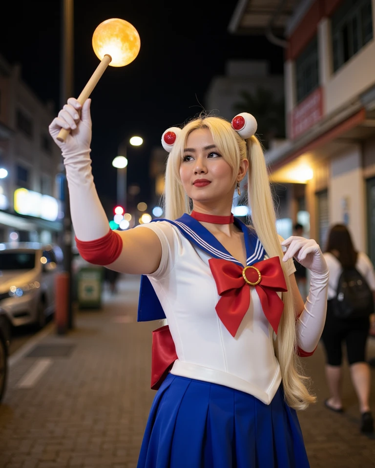 Cinematic photography of a realistic woman cosplaying as Sailor Moon ...