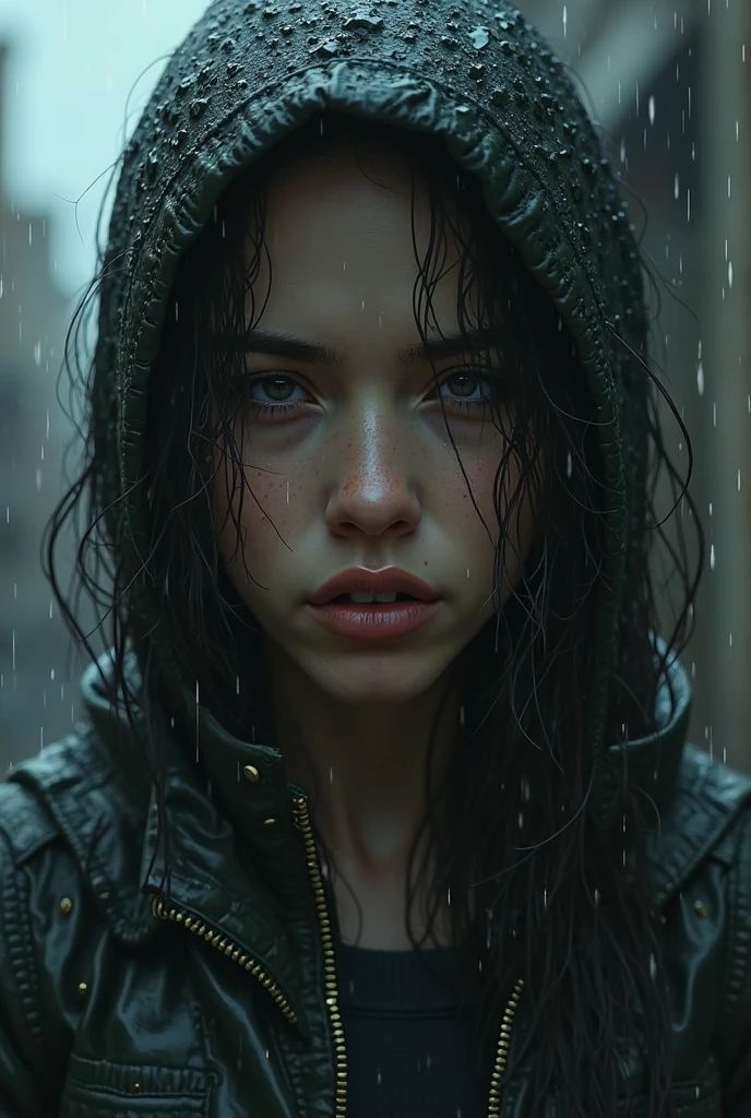 Woman in the rain, look of defeat, look of sorrow, direct view of her ...