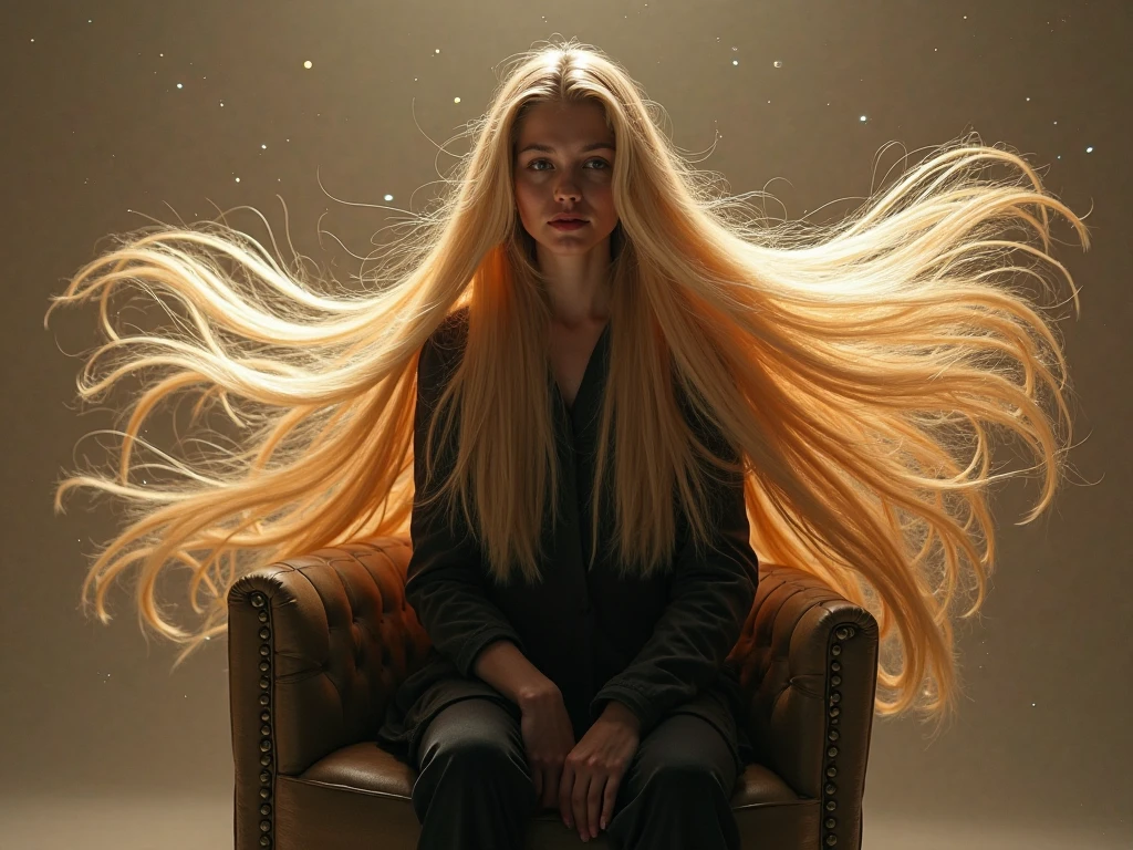 Woman sitting on a chair throwing out her hair. her long blonde hair is ...