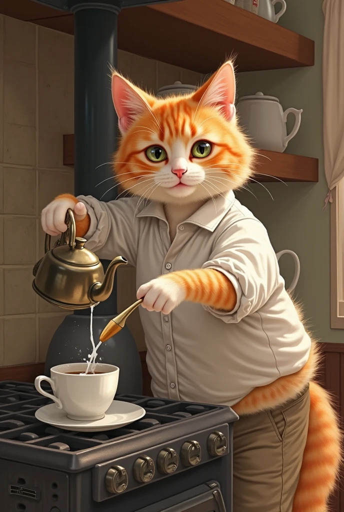 Cat wearing a shirt standing in front of the shop stove, pouring tea ...